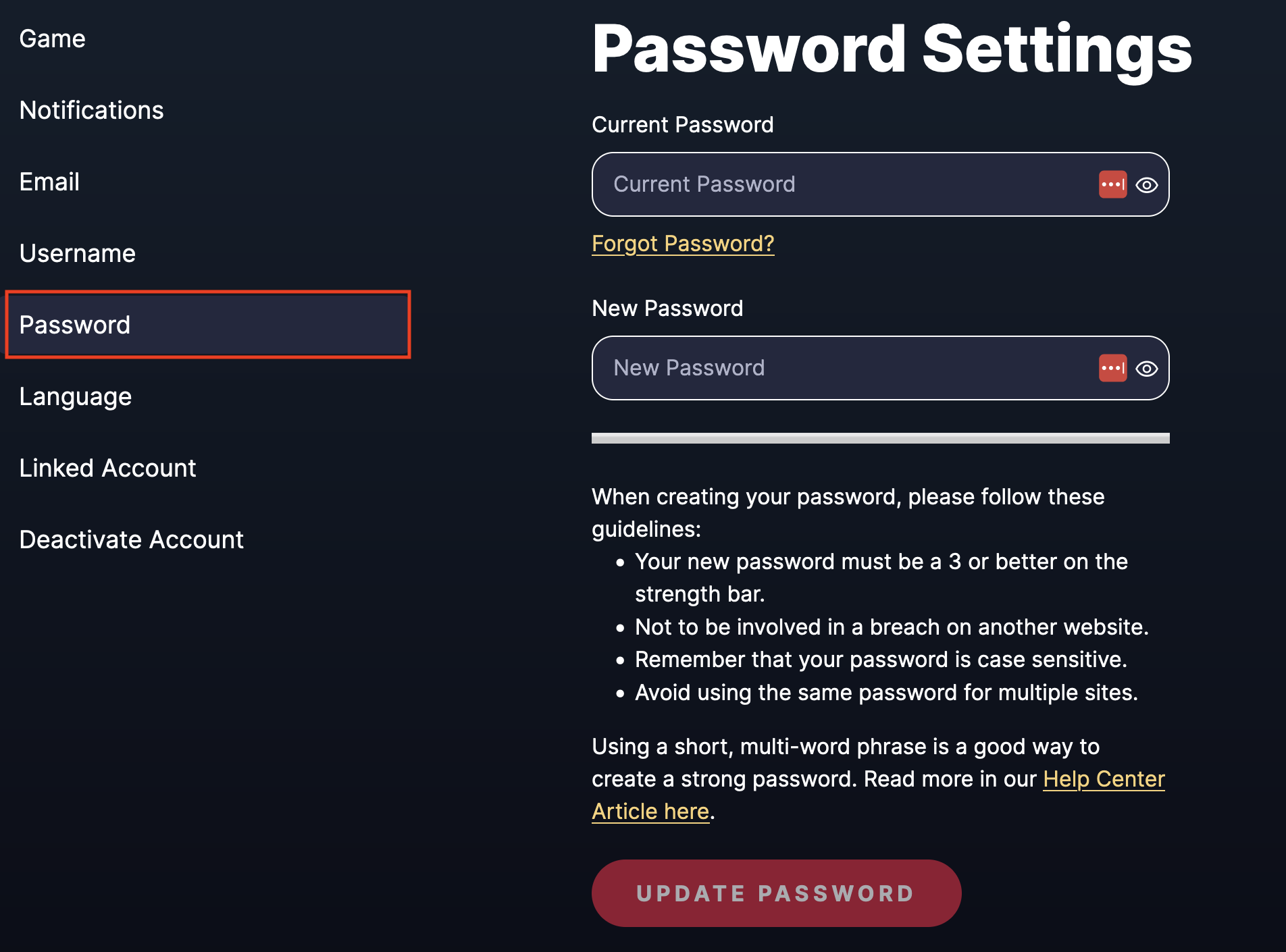 Changing your password – Replay Poker